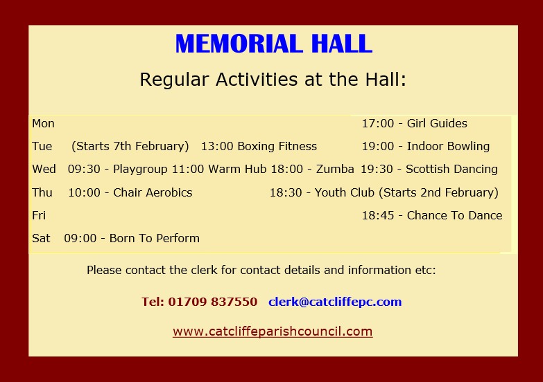 Activities at the Hall – Catcliffe Parish Council