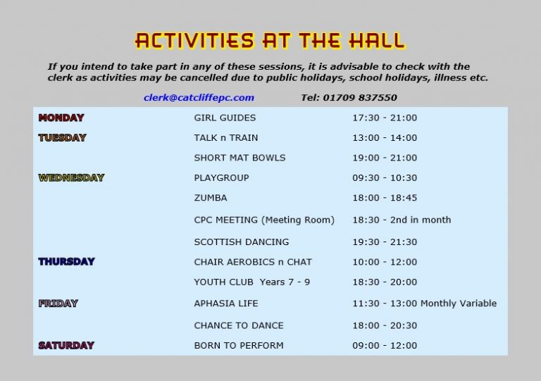 Activities at the Hall – Catcliffe Parish Council